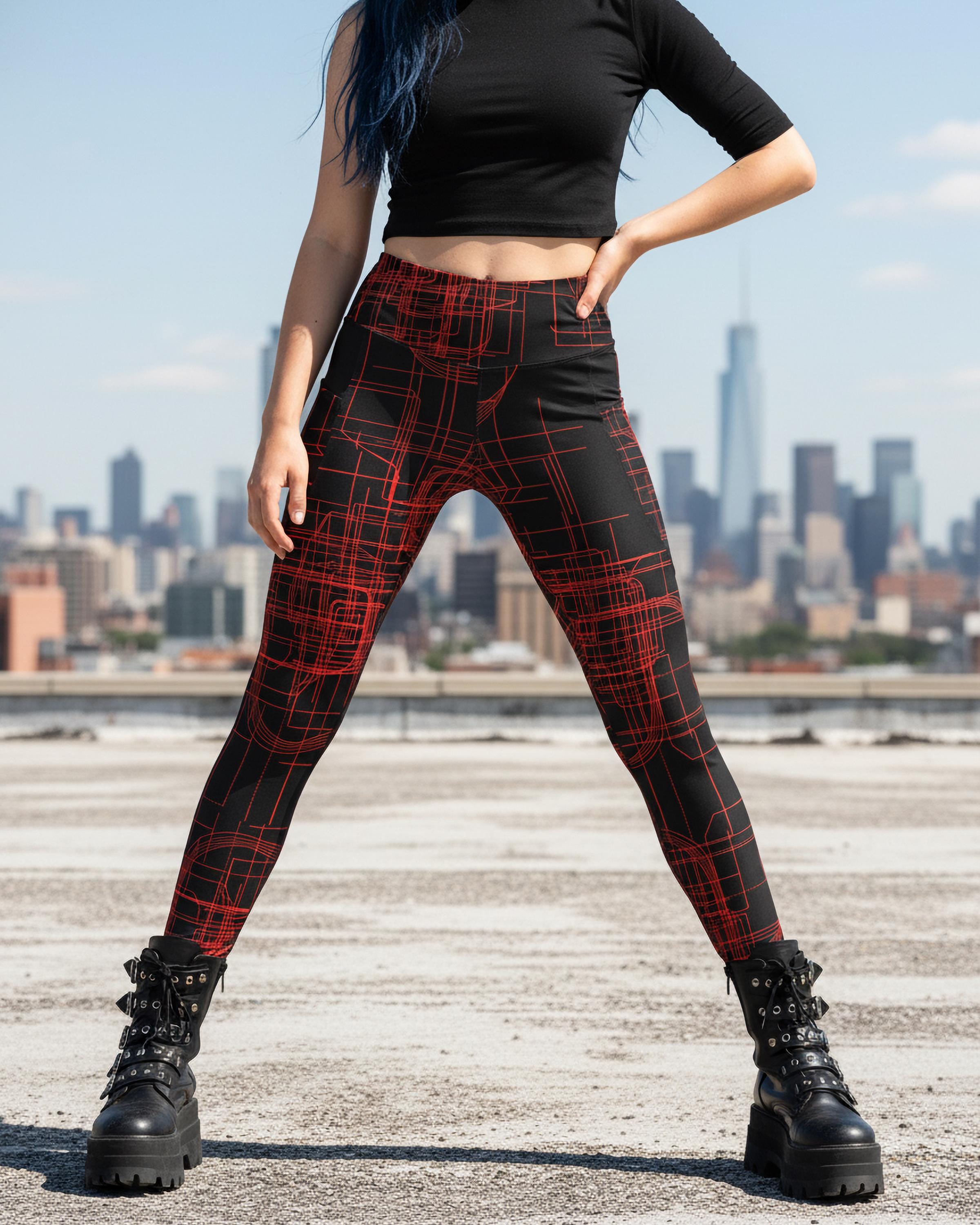 Red Techwear Leggings With Pockets | Casual Yoga Pants With Futuristic ...