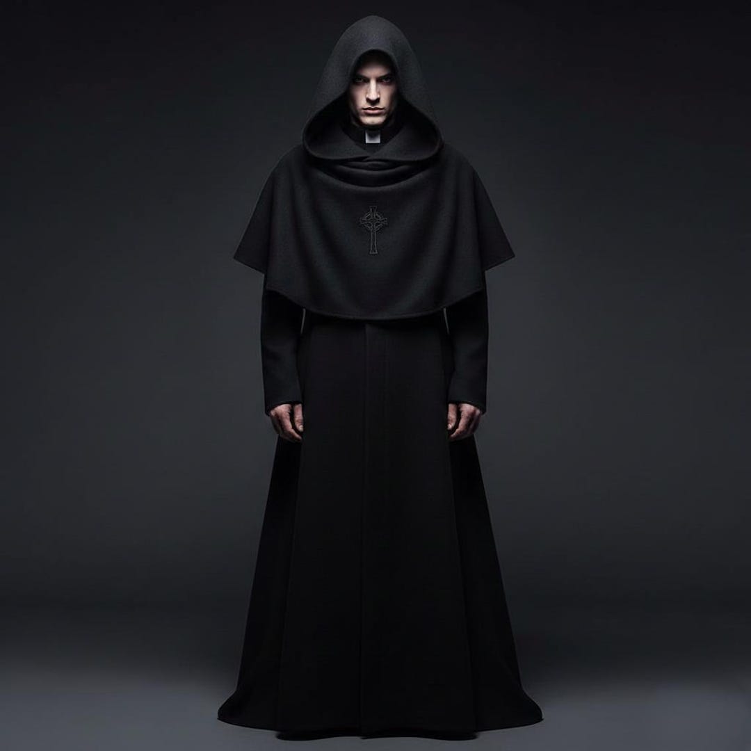 Gothic Men's Long Hooded Coat - Dark Priest Monk Robe With Celtic Cross ...