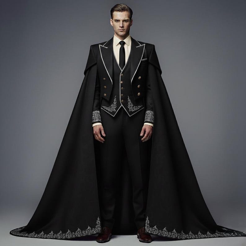 Luxury Men's Black Formal Cape Suit - Bespoke Wedding Groom Tuxedo ...
