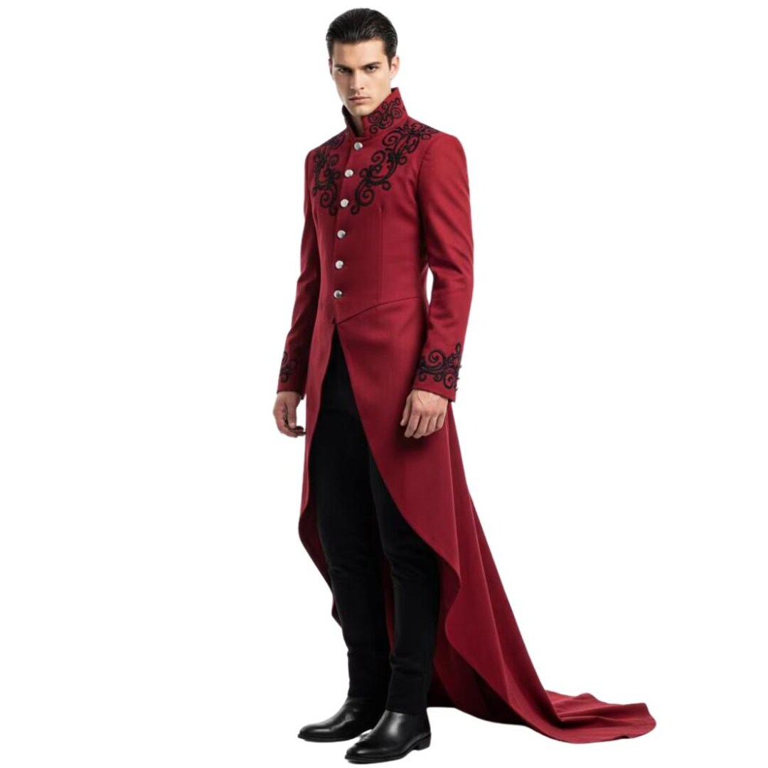 Gothic Men's Tailcoat | Red Victorian Embroidered Long Coat | Vampire ...