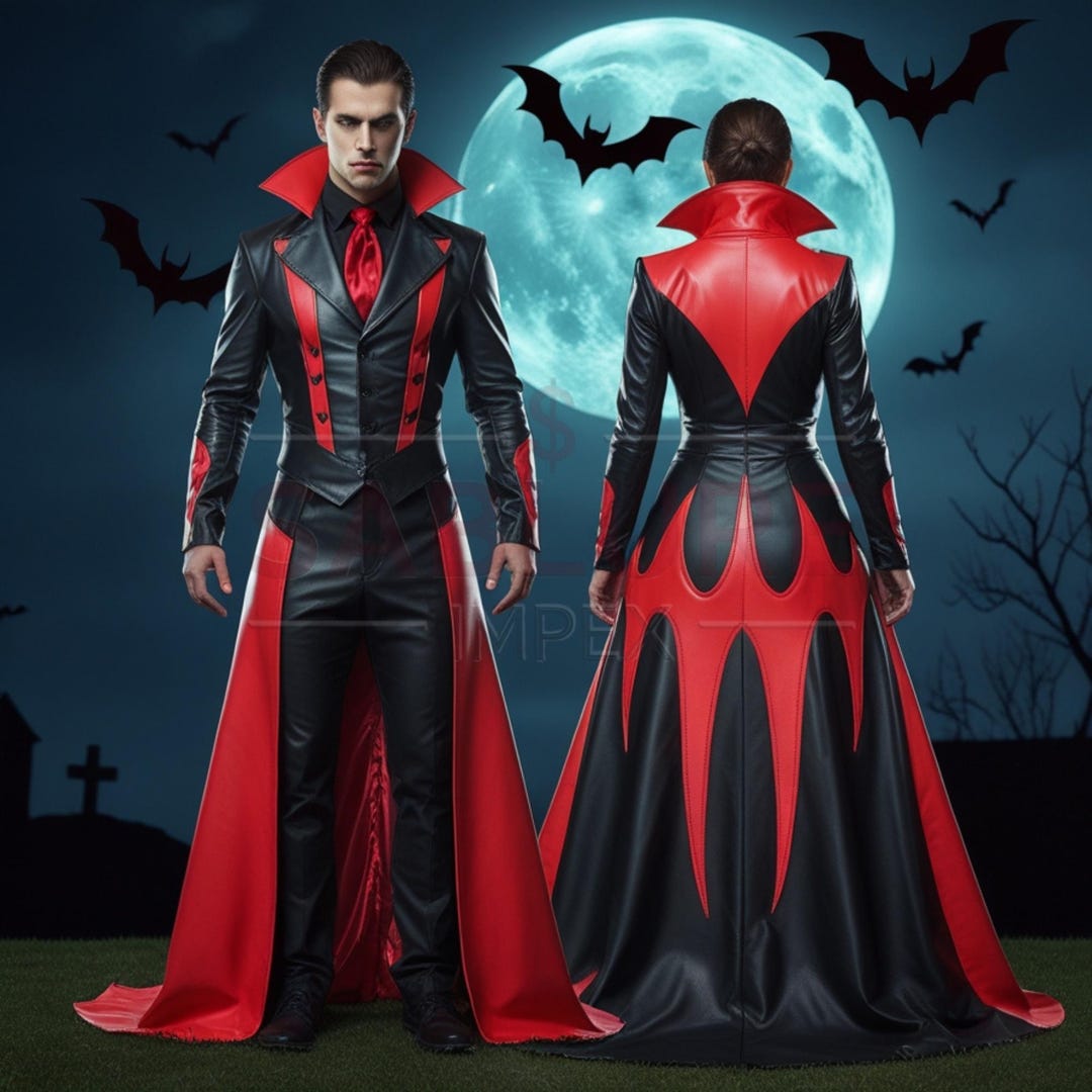 Cowhide Leather Vampire Tailcoat – Black & Red Gothic Halloween Costume ...