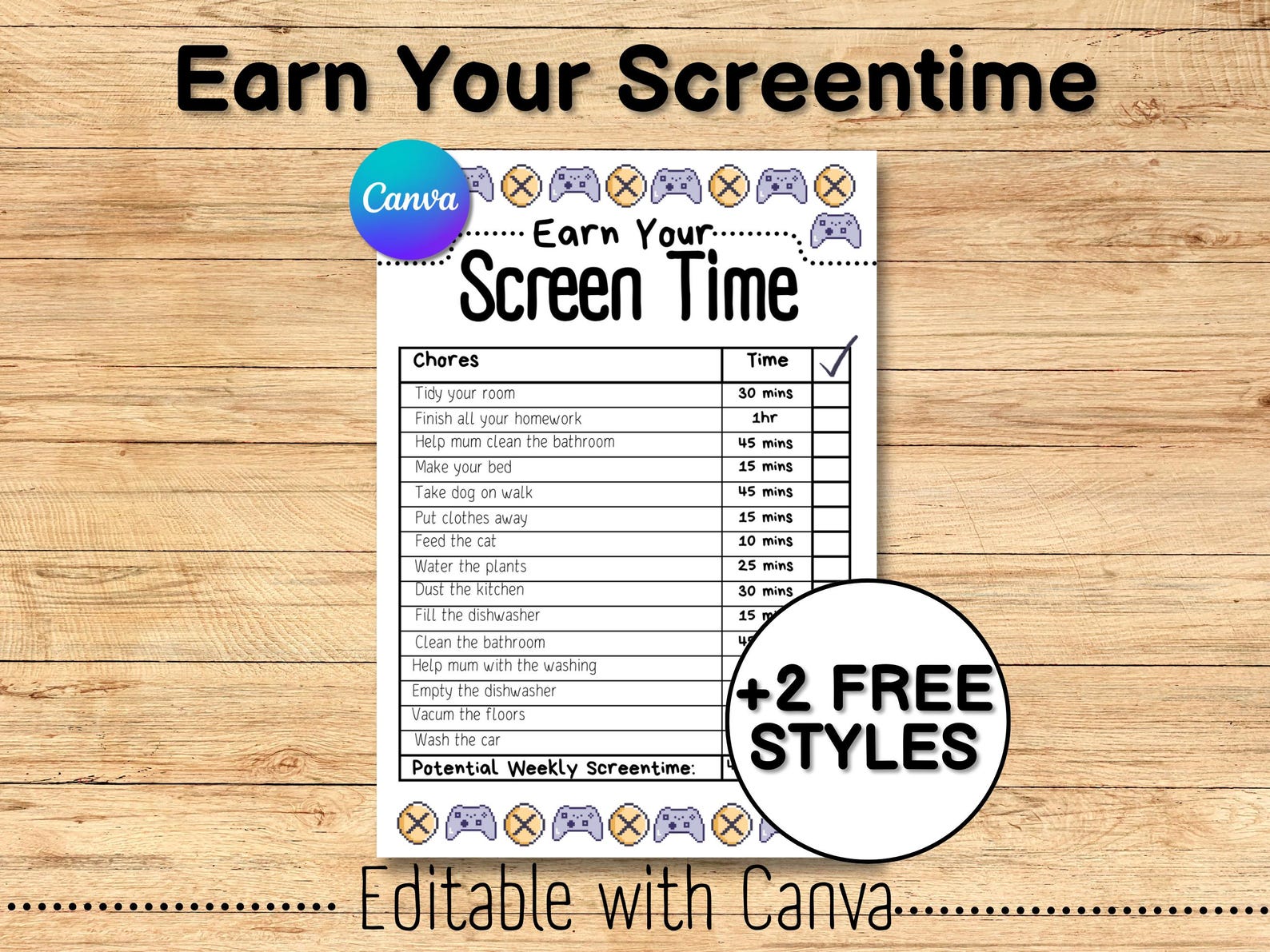 Digital Customizable Screen Time Reward Chart A4 US Letter Size Kids ...