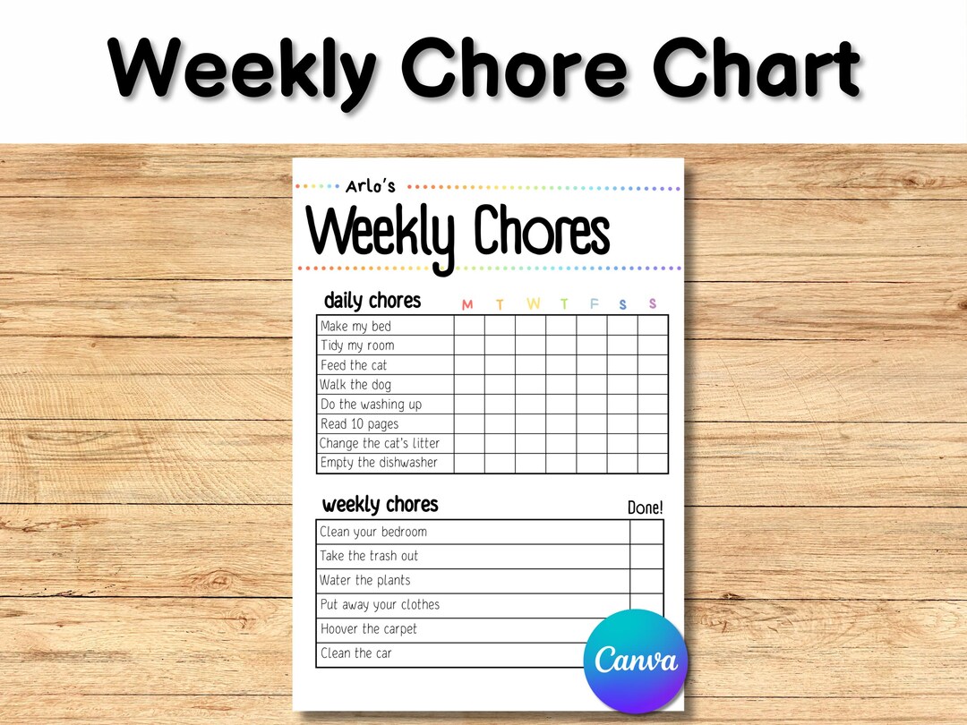 Digital Editable Weekly Chore Chart Kids Customizable Daily Planner ...