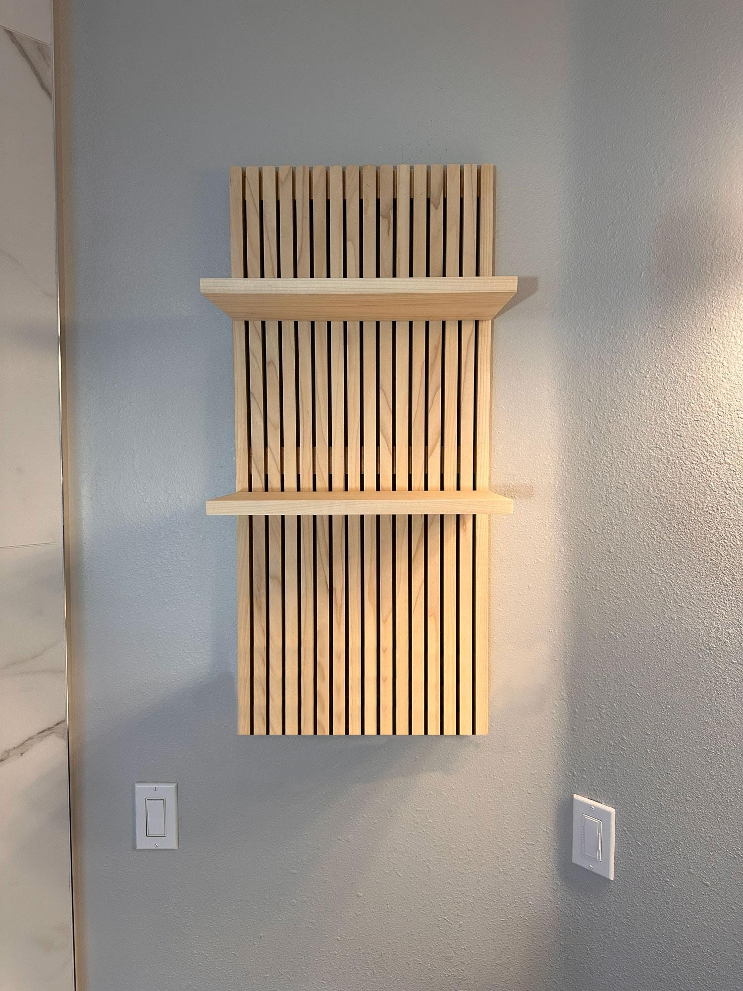Wood Batten Wall Shelf | Adjustable Bathroom Organizer With Towel Bar ...