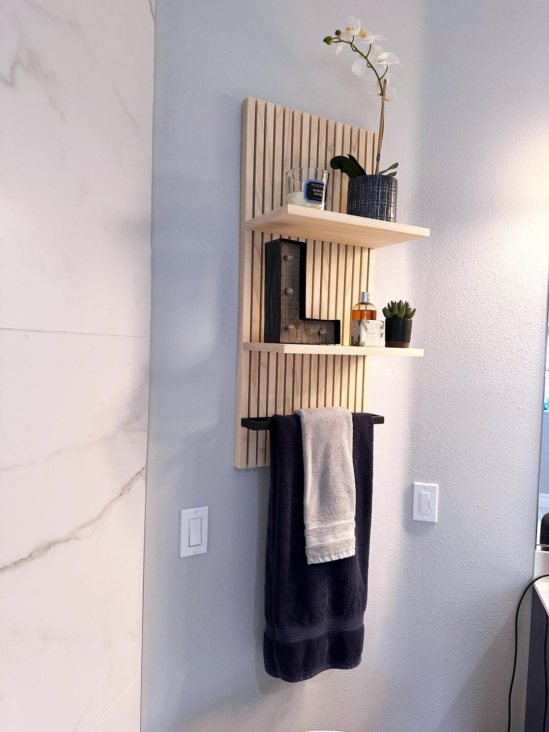 Modern Wood Batten Wall Shelf | Bathroom Organizer With Customizable ...
