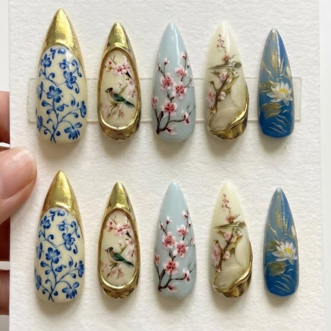 Hand-painted Press on Nails | Blue Willow, Cherry Blossom Asian Art - Etsy