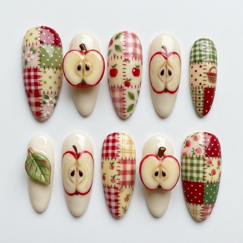 3D Apple Press on Nails, Patchwork Gingham Farmhouse Fake Nails - Etsy