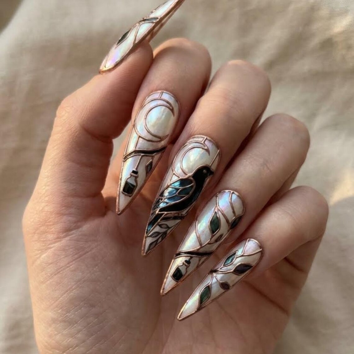 Gothic Raven Stained Glass Press on Nails | Rose Gold 3D Art - Etsy