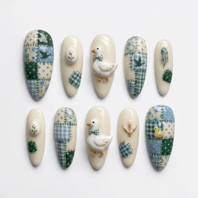 3D Goose Duck Nails, Cottagecore Patchwork Gingham Farmhouse Press Ons ...
