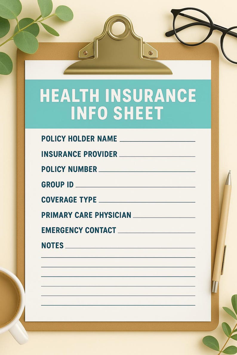 Health Insurance Info Sheet - Printable Medical Plan Tracker - Etsy