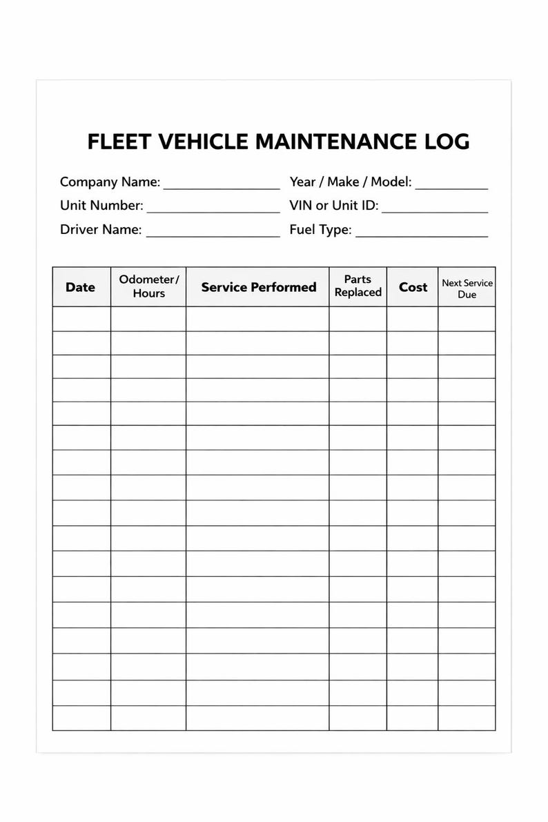 Fleet Vehicle Maintenance Log Printable | Service Record Tracker ...