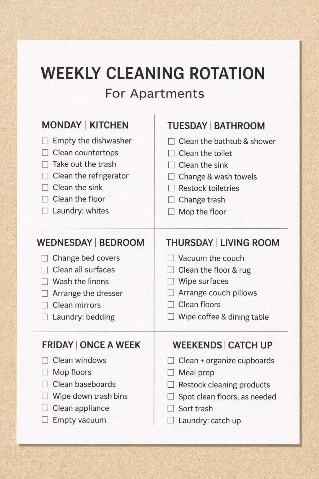 Apartment Cleaning Schedule | Weekly Cleaning Rotation Checklist ...