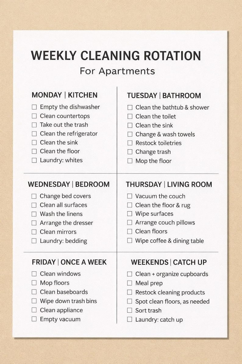 Apartment Cleaning Schedule | Weekly Cleaning Rotation Checklist ...