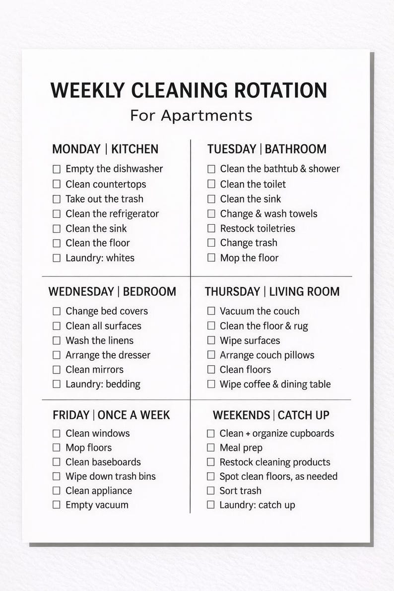 Apartment Cleaning Schedule | Weekly Cleaning Rotation Checklist ...