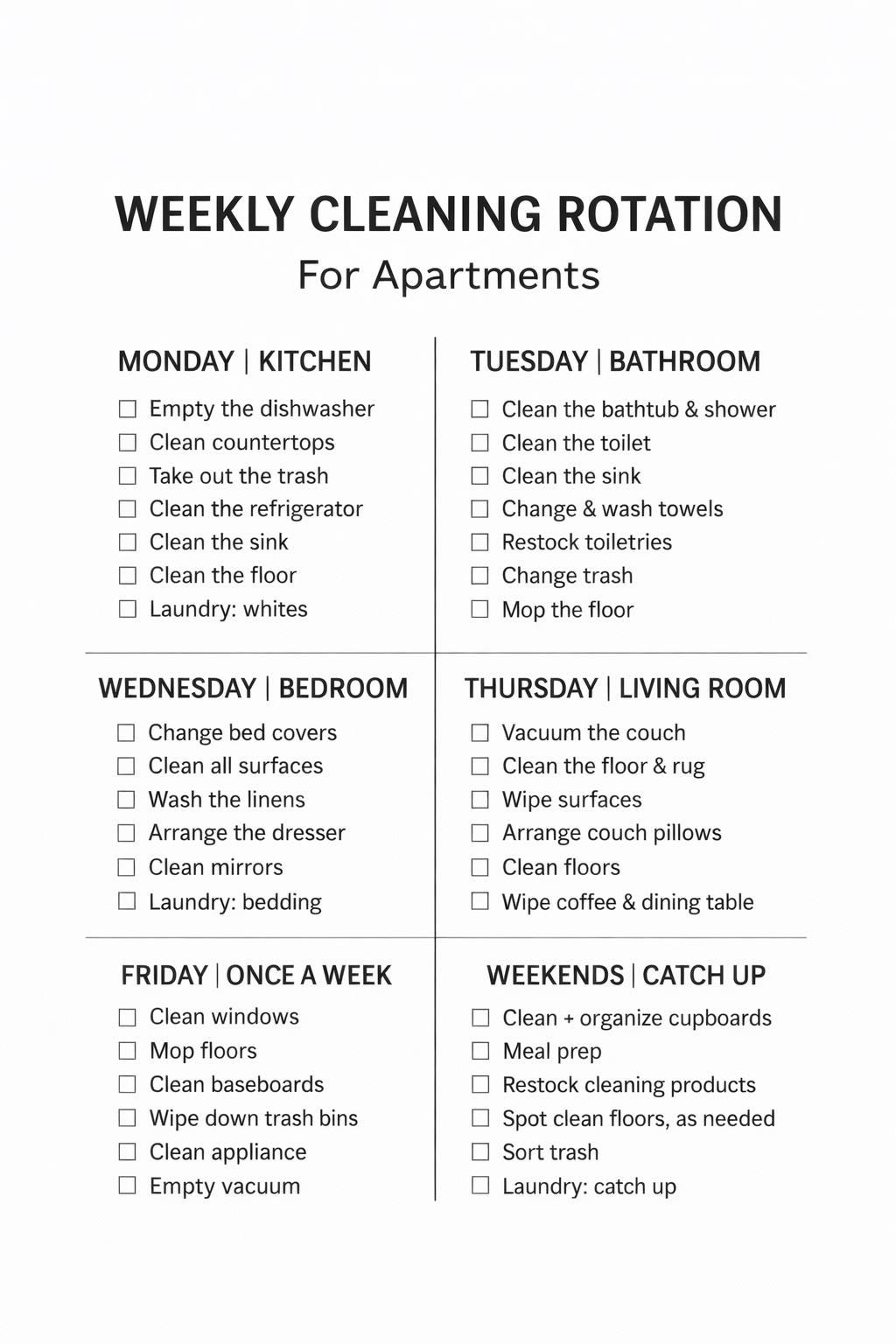 Apartment Cleaning Schedule | Weekly Cleaning Rotation Checklist ...