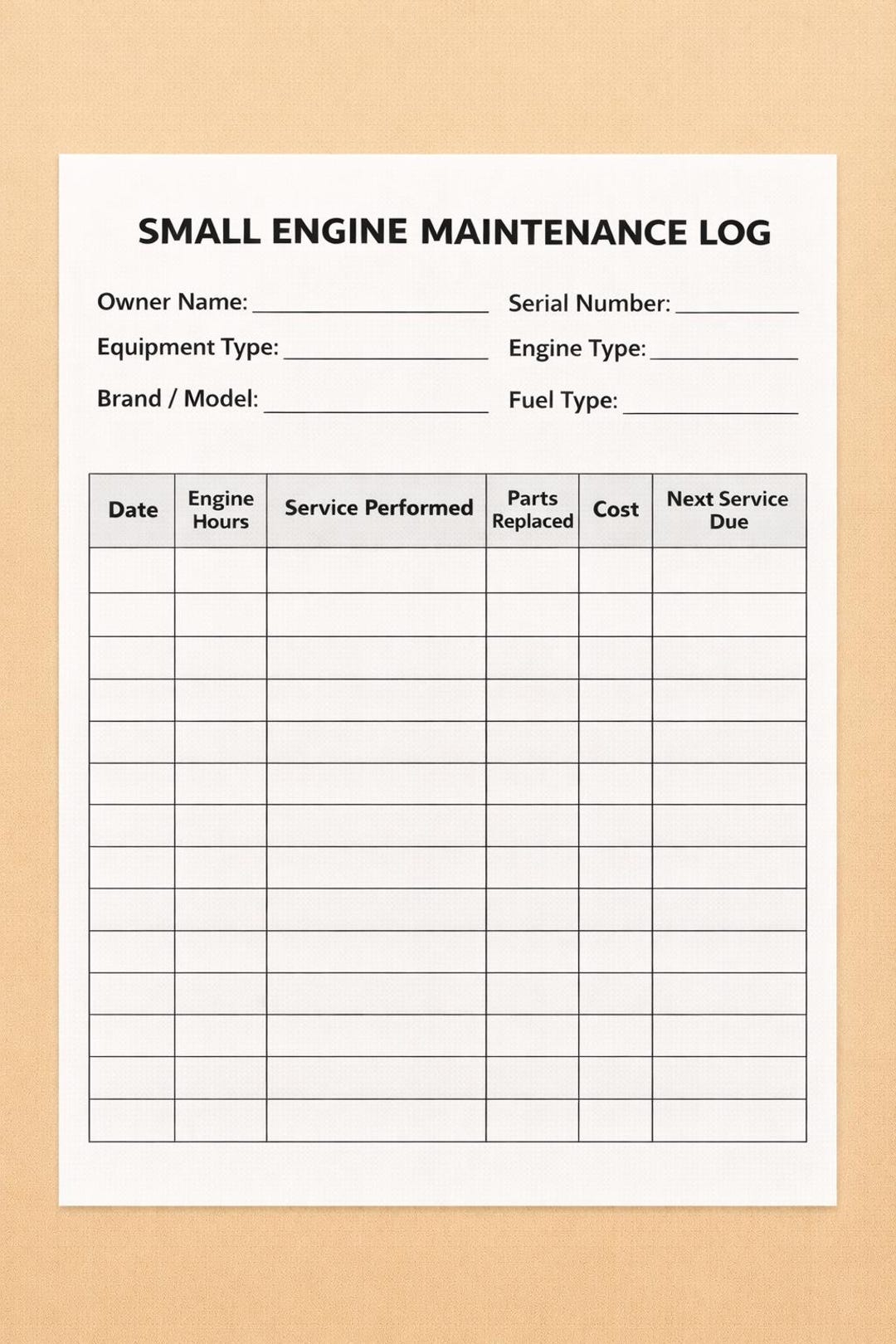 Small Engine Maintenance Log Printable | Equipment Service Record Sheet ...
