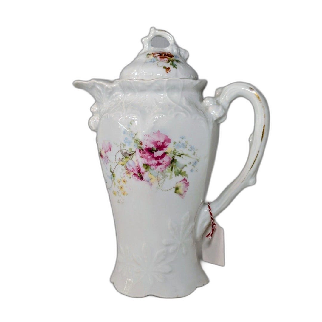 Antique Victorian Porcelain Chocolate Pot Floral Transferware Embossed ...