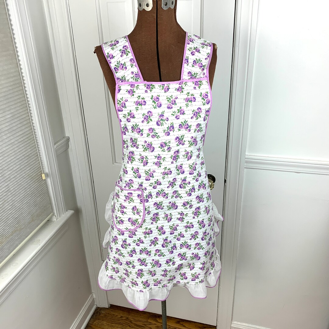 Vintage White & Purple Tie-back Bib Apron, Crafter Smock, Artist Smock ...