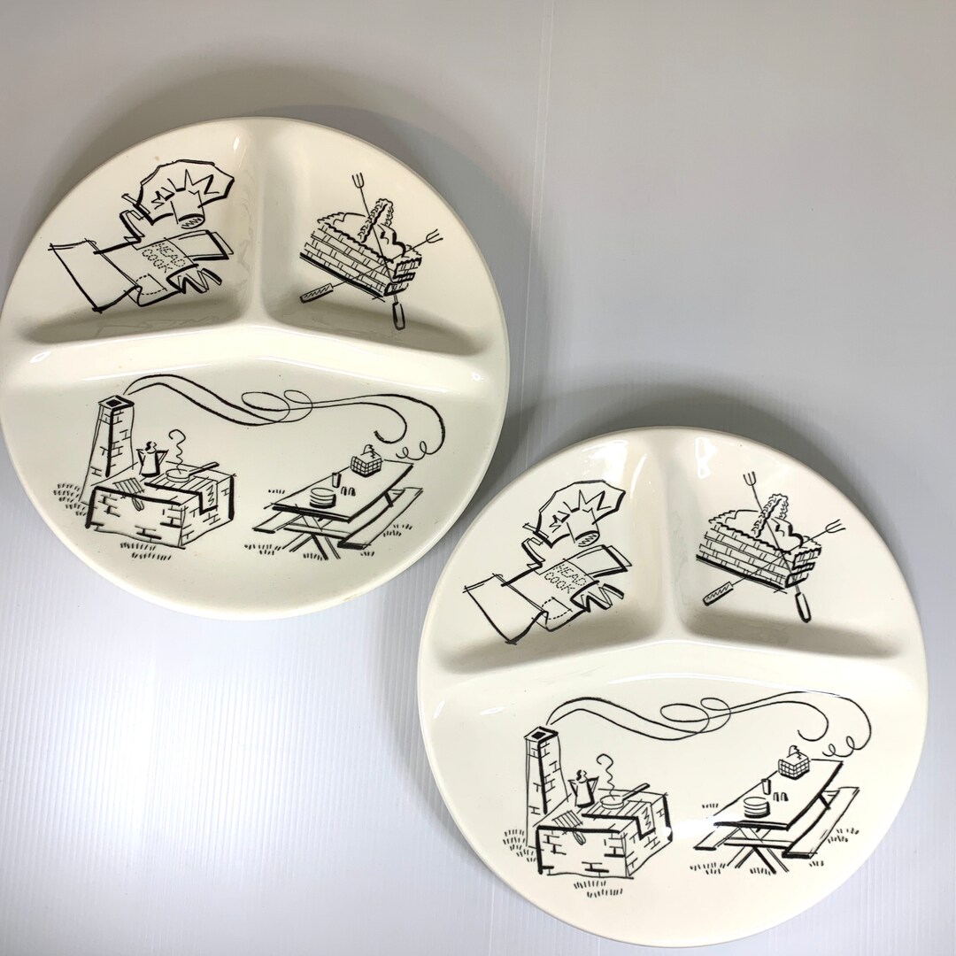 Vintage 60s 2pc MCM Grill Plates, Divided Dishes, Mid Century BBQ ...