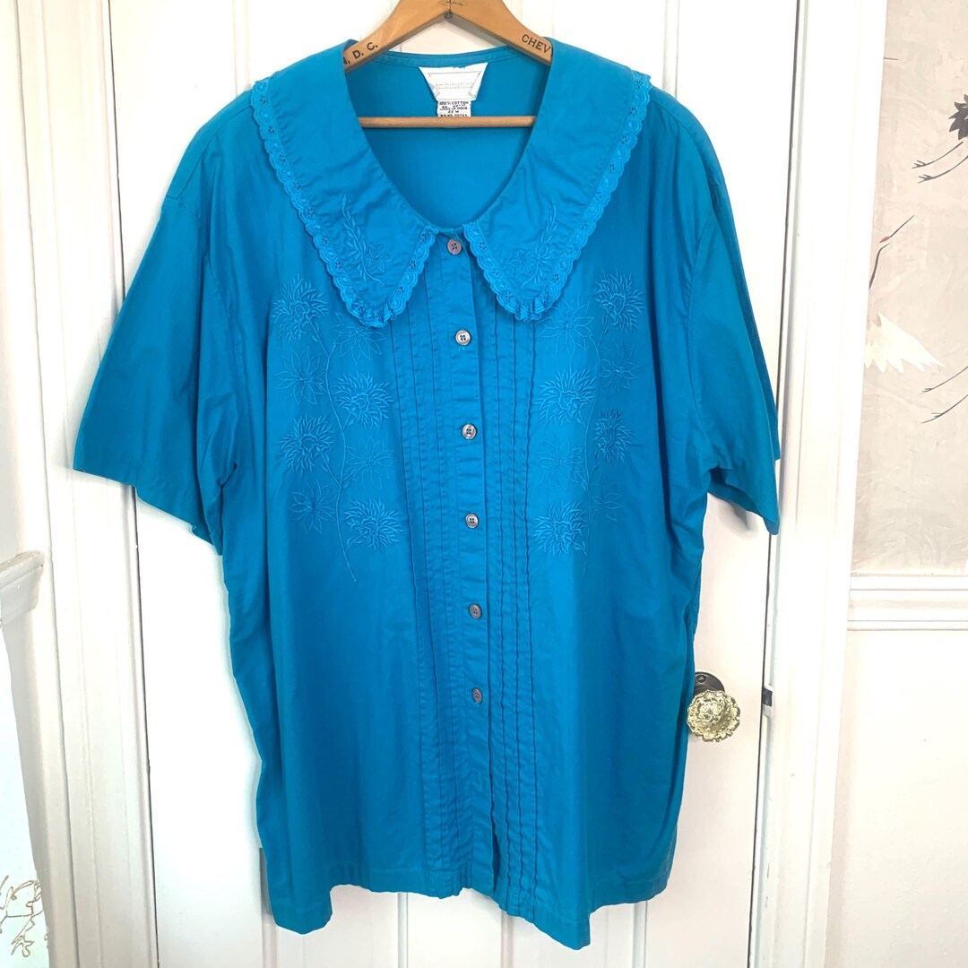 Vintage Blue Short Sleeve Blouse Platter Collar Embroidered Lace Size XXL - Etsy