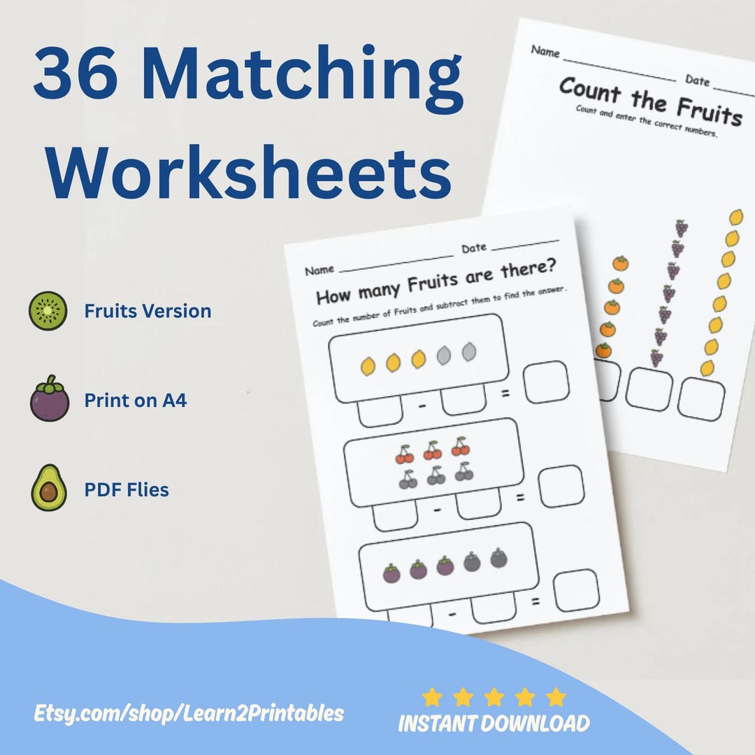 Matching Worksheets Fruits Vol.2 Preschool Kindergarten Activity (PDF ...