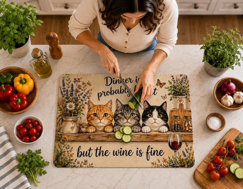 Funny Cat Kitchen Sign, Burnt Dinner Wine Quote, Farmhouse Wall Art ...