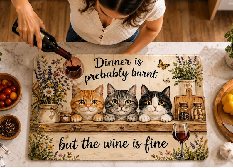 Funny Cat Kitchen Sign, Burnt Dinner Wine Quote, Farmhouse Wall Art ...