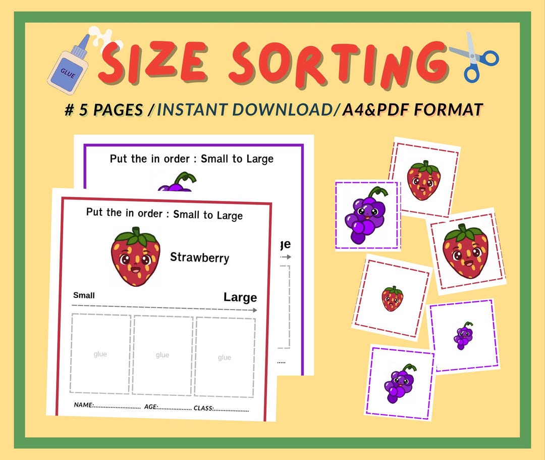 5 Fruit Size Sorting Printable : Preschool Coloring & Cutting Activity ...