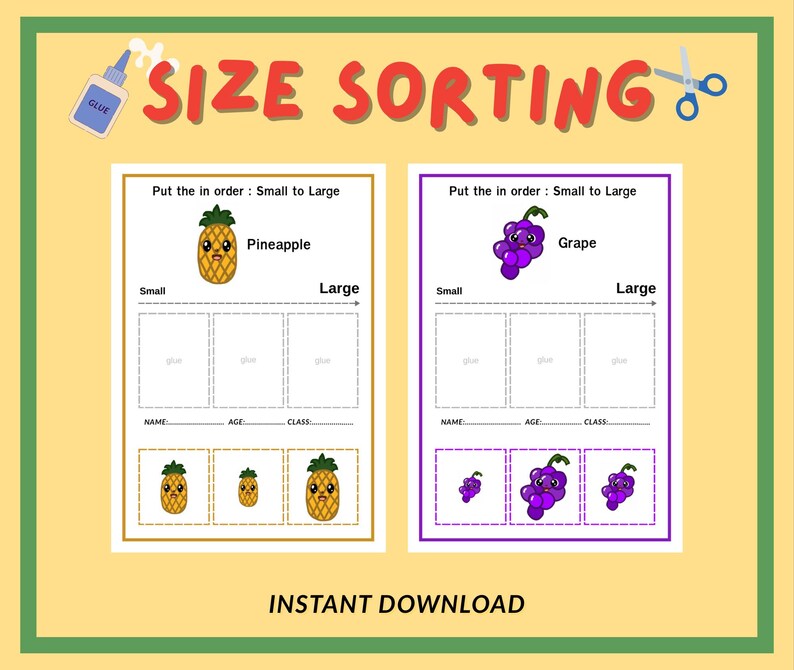 5 Fruit Size Sorting Printable : Preschool Coloring & Cutting Activity ...
