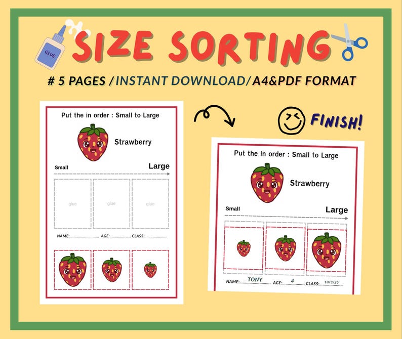 5 Fruit Size Sorting Printable : Preschool Coloring & Cutting Activity ...