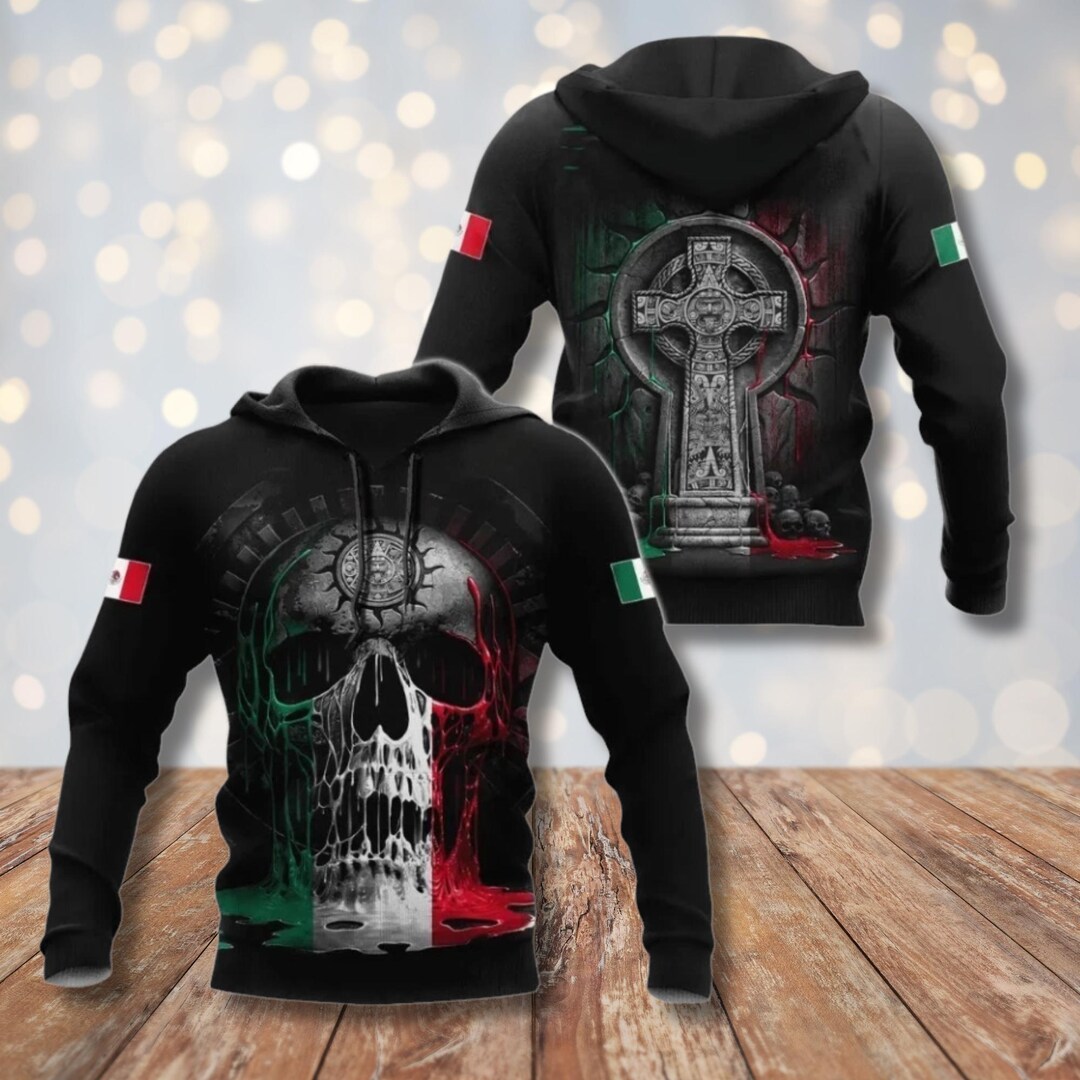 Mexican Flag Skull Hoodie With Gothic Stone Cross Back, Dark Aesthetic ...