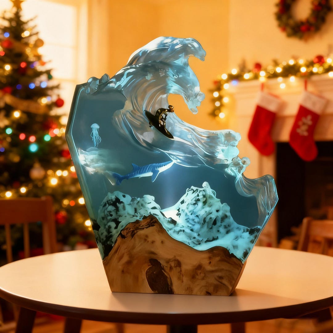 Whale Surfing Resin Art Night Light: Ocean Scene, Home Decor - Etsy