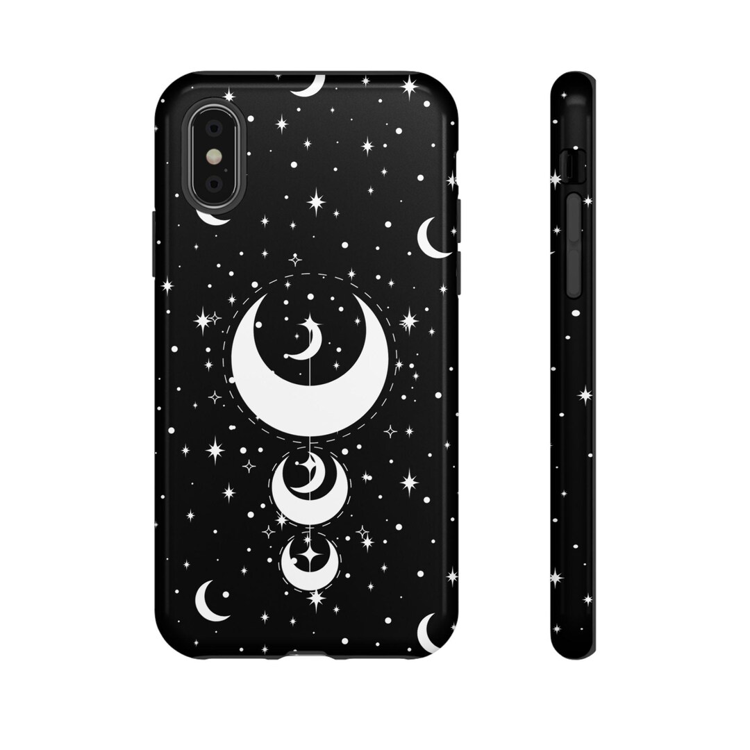 Celestial Crescent Moon Phone Case | Black Stars, Gothic Moon Phase ...