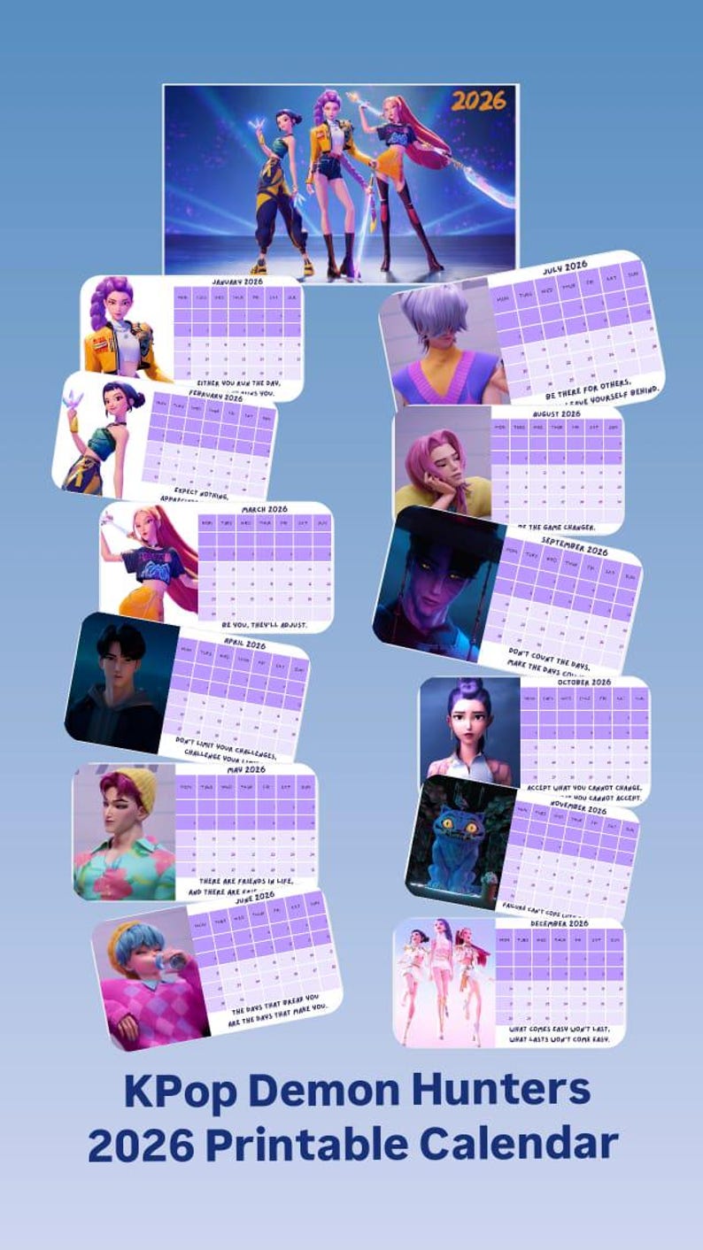Huntrix Kpop Demon Hunters 2026 Digital Calendar, Printable Calendar ...