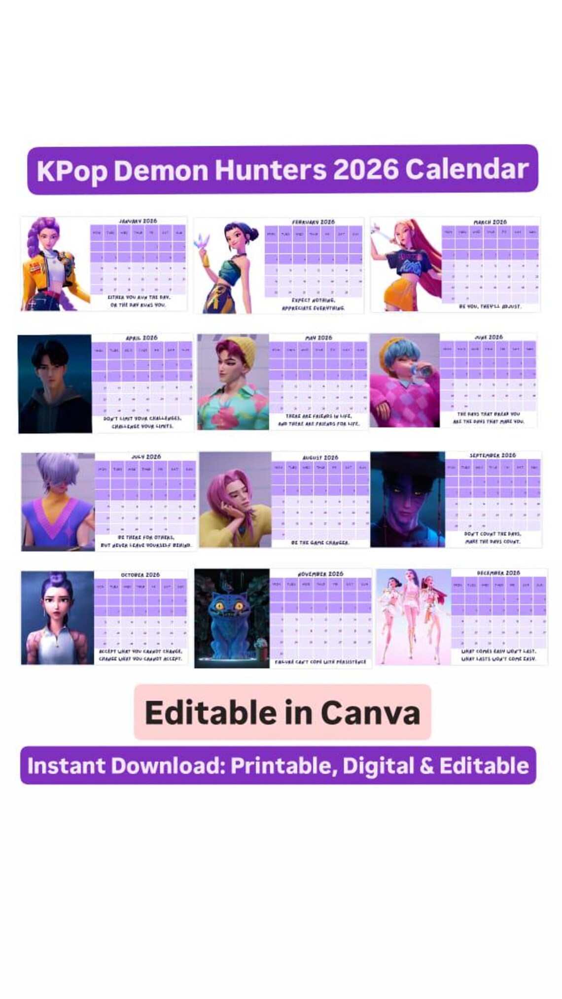 Huntrix Kpop Demon Hunters 2026 Digital Calendar, Printable Calendar ...