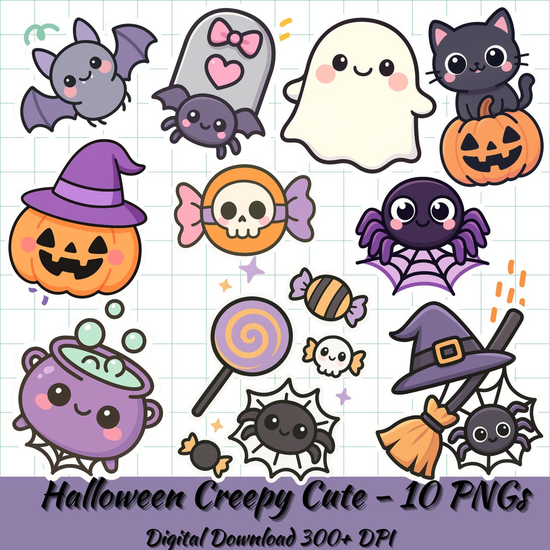 Halloween Creepy Cute Sticker Pack – 10 Pngs Kawaii Ghosts, Pumpkin ...