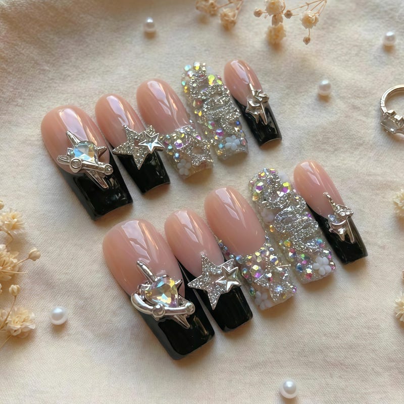 Nails Coffin Rhinestones - Etsy