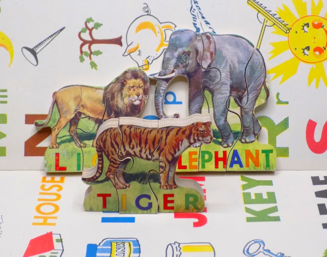 Vintage Lion, Elephant, and Tiger Spelling Puzzles - Etsy