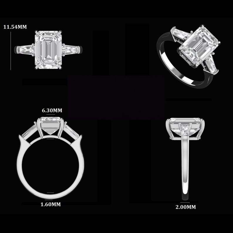 5 CT Emerald Cut Lab Grown Diamond Engagement Ring | Tapered Baguette ...