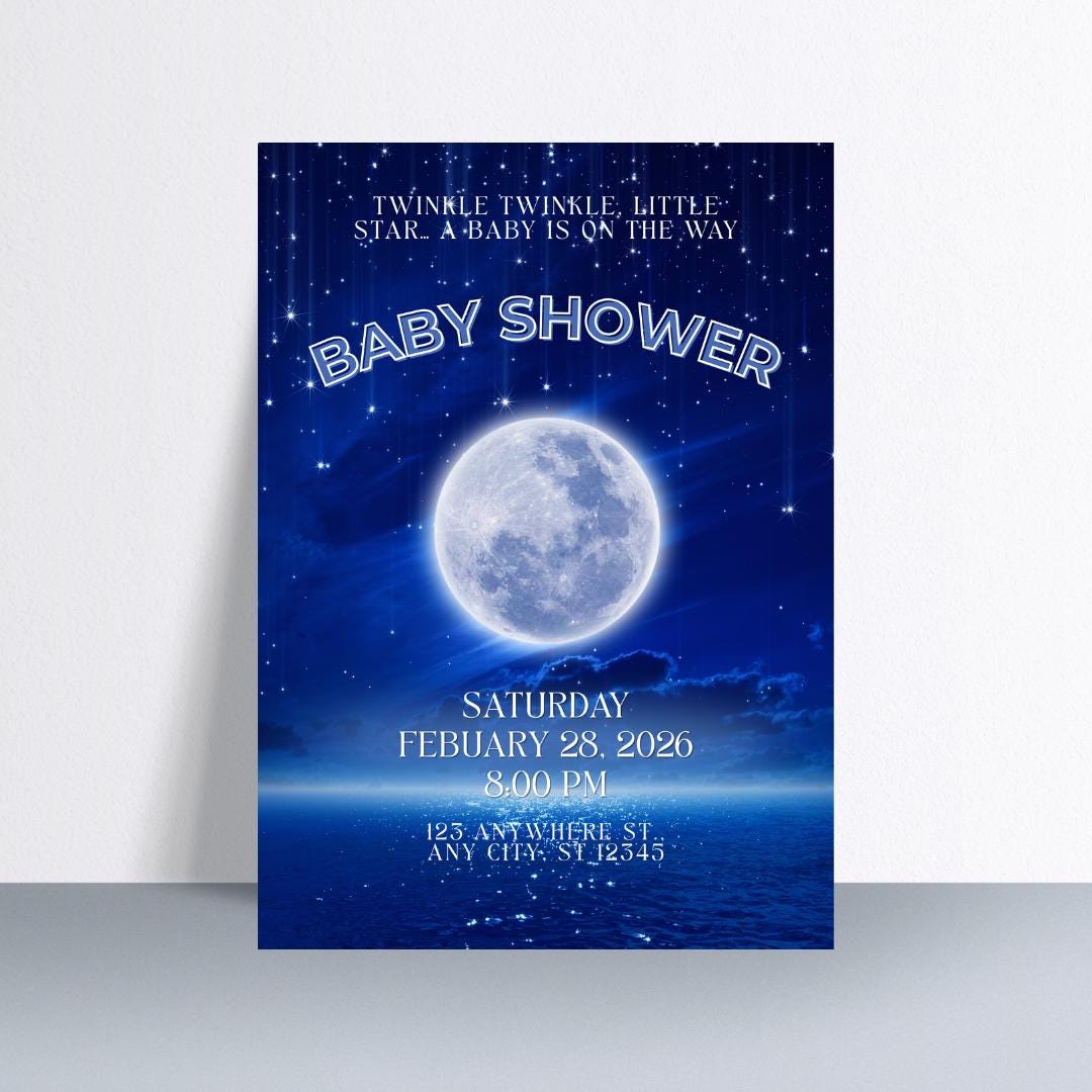 Celestial Starry Night Baby Shower Invitation | Editable Canva Template ...