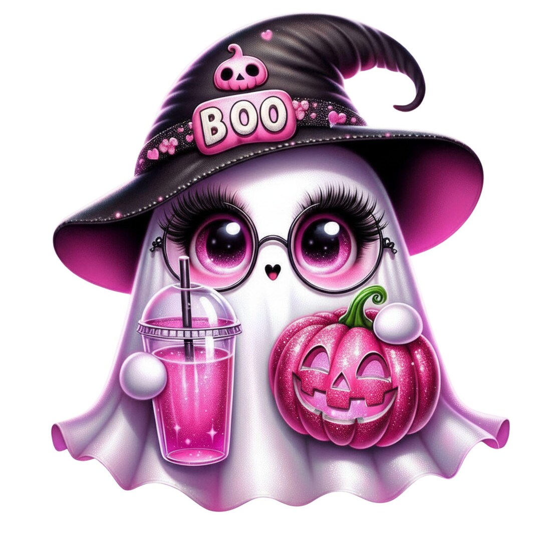 18 Cute Pink Ghost PNG | Kawaii Halloween Witch Ghost With Pumpkin ...