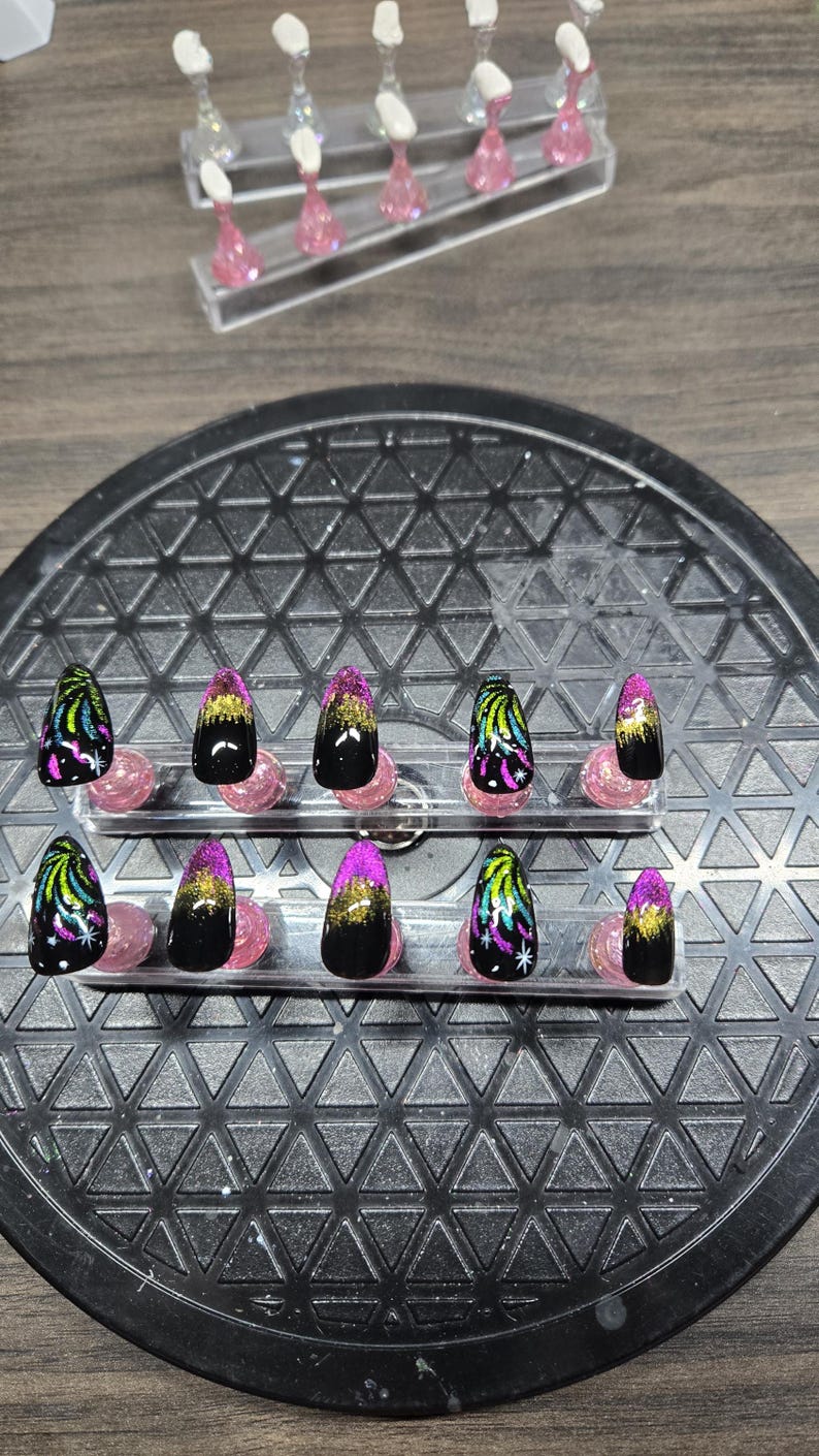 Ring in the New Year Fireworks Cat Eye 3D Almond Style Short Length Gel ...