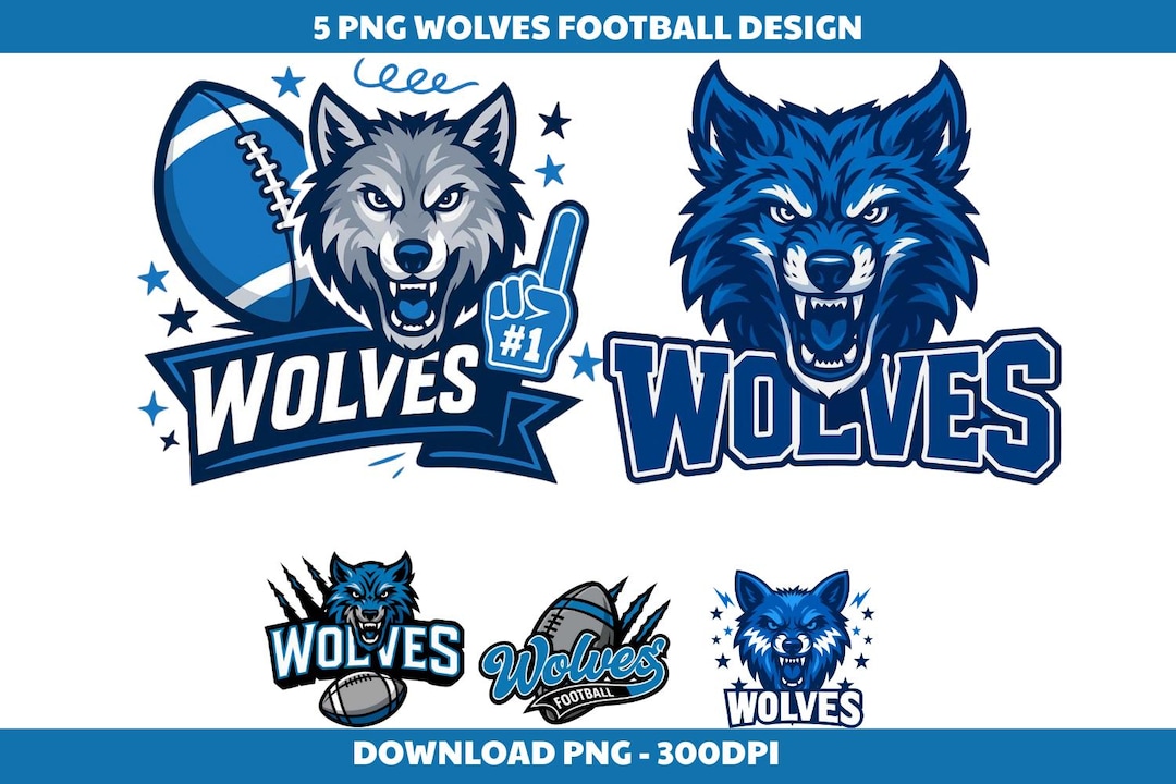 5 PNG Wolves Football Bundle, Wolf Mascot Clipart, Blue Game Day Sports ...