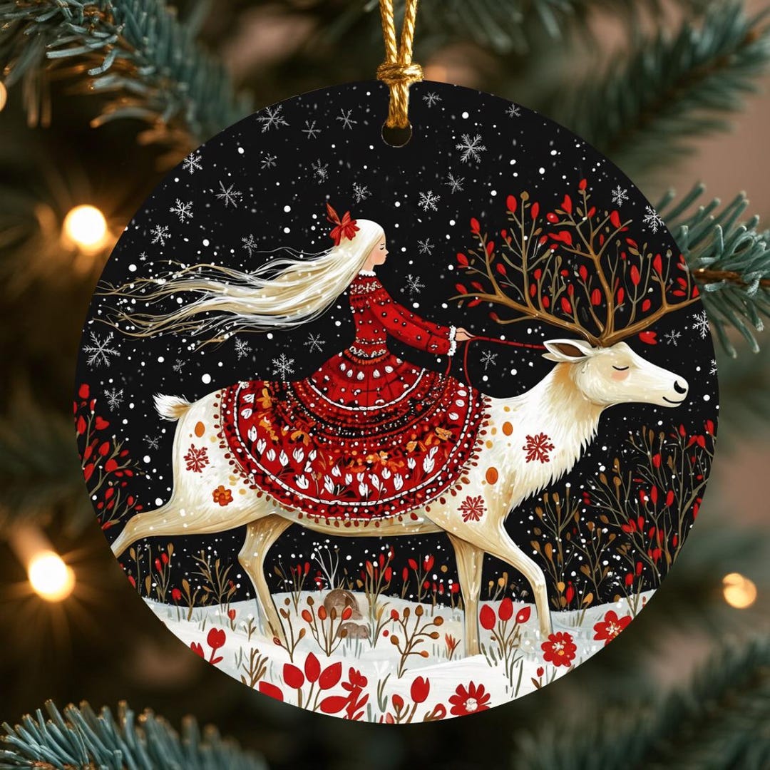 Whimsical Winter Deer & Maiden Ceramic Ornament, Whimsical Scandinavian ...
