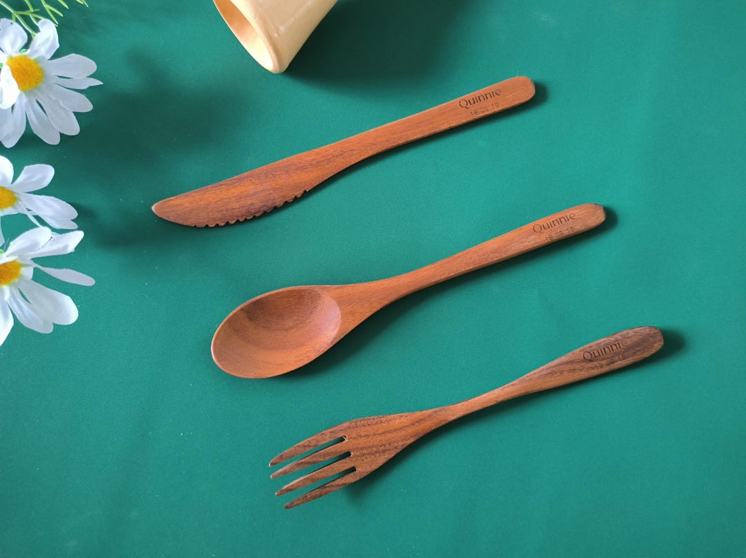 Personalized Teak Wood Cutlery Set-engraved Text and Logos - Etsy