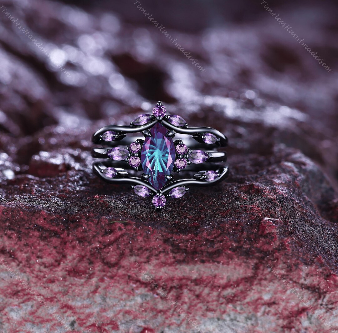 Fireworks Cut Alexandrite Engagement Ring Set Black Gold Art Deco ...