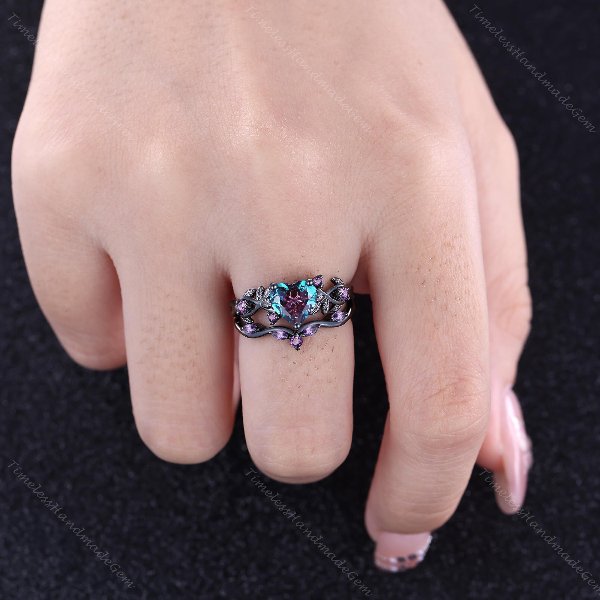 Vintage Heart Alexandrite Engagement Ring Set Unique Leaf Design Rings ...