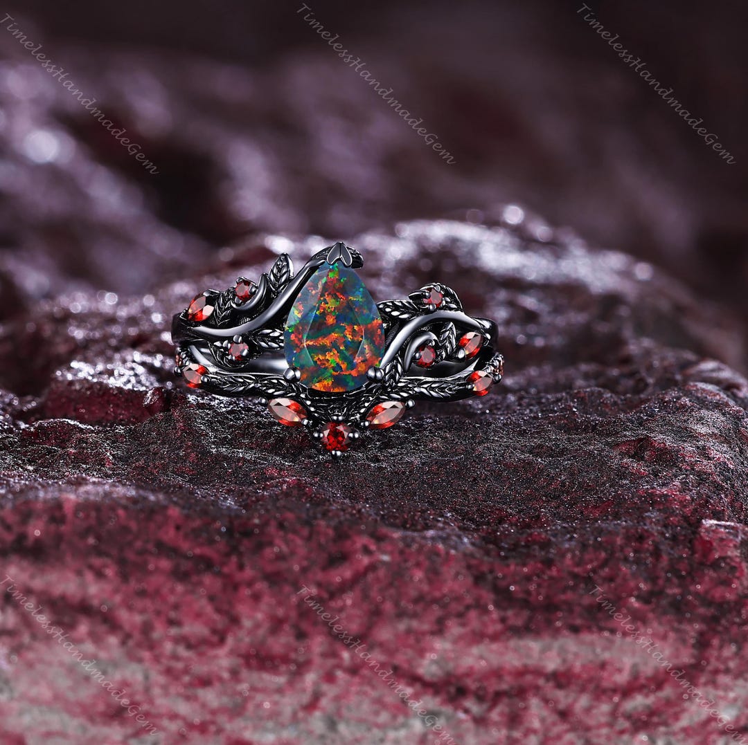 Pear Black Fire Opal Engagement Ring Set 14K Black Gold Twig Leaf ...