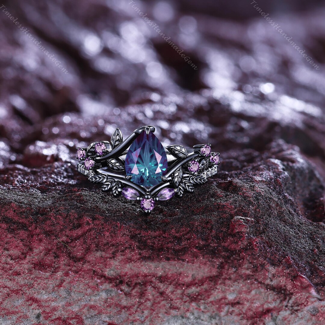 Unique Fireworks Cut Alexandrite Engagement Ring Set Black Gold Leaf ...