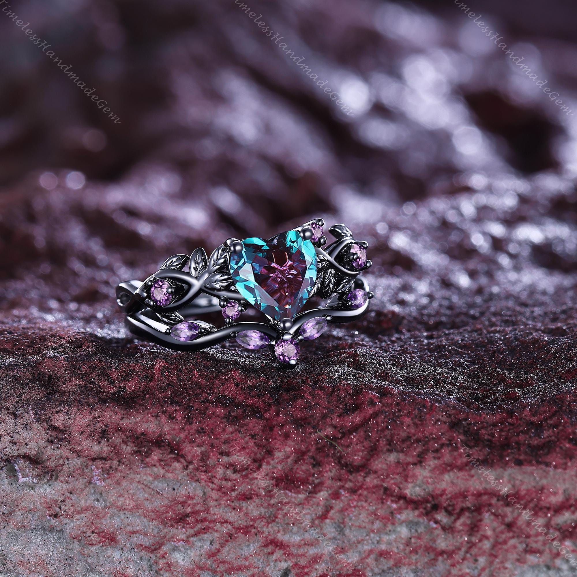 Vintage Heart Alexandrite Engagement Ring Set Unique Leaf Design Rings ...